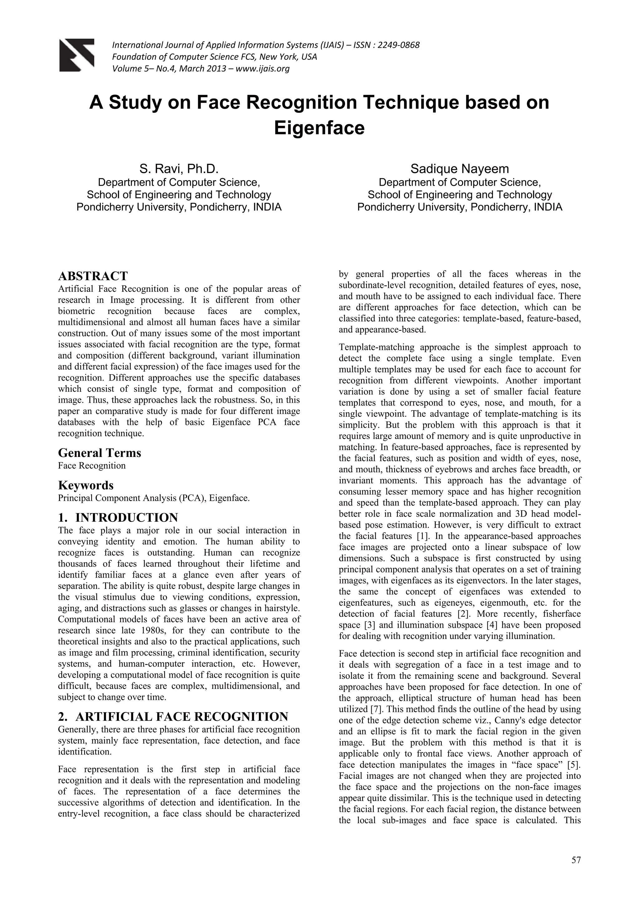 A Study on Face Recognition Technique based on Eigenface | PDF