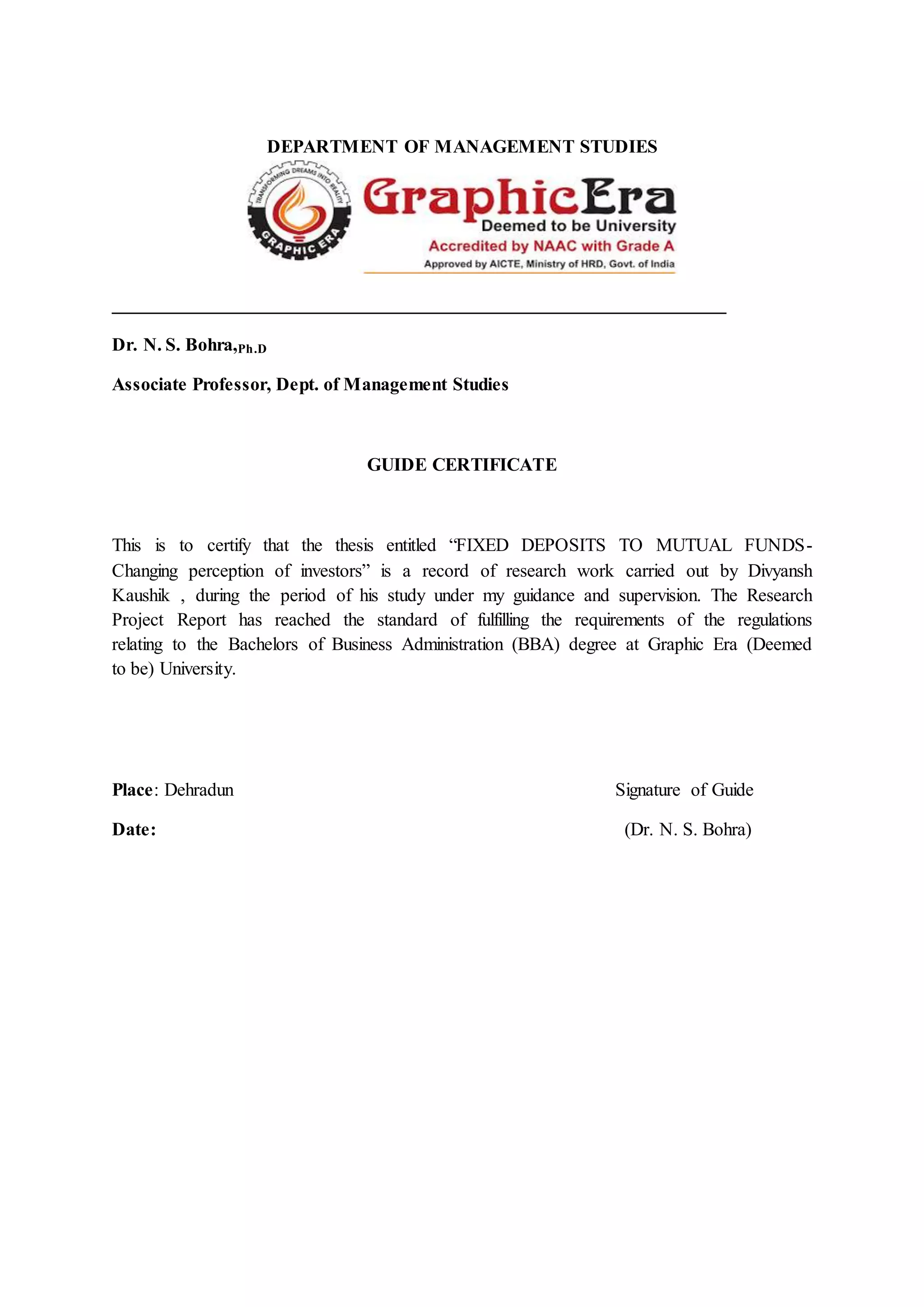 Fixed Deposits and Mutual funds- Final Research Project | DOCX