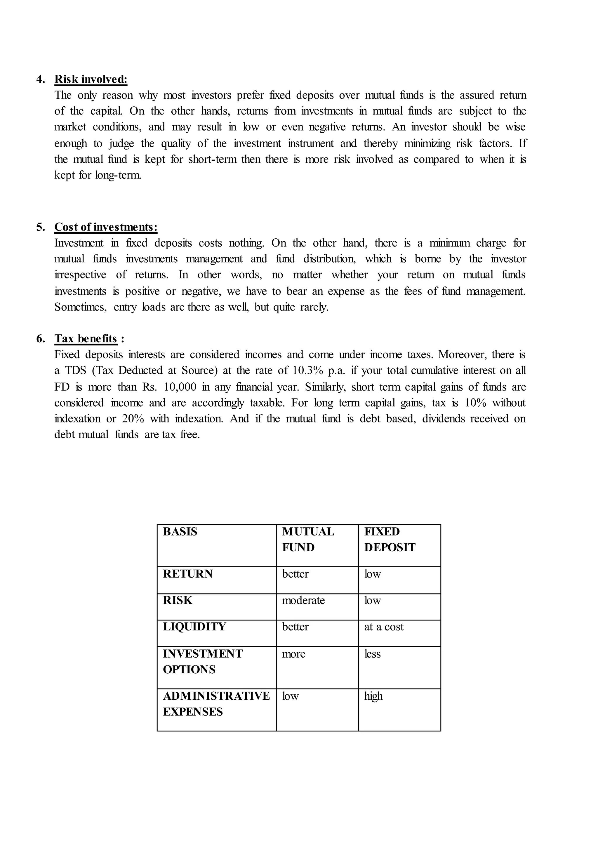 Fixed Deposits and Mutual funds- Final Research Project | DOCX