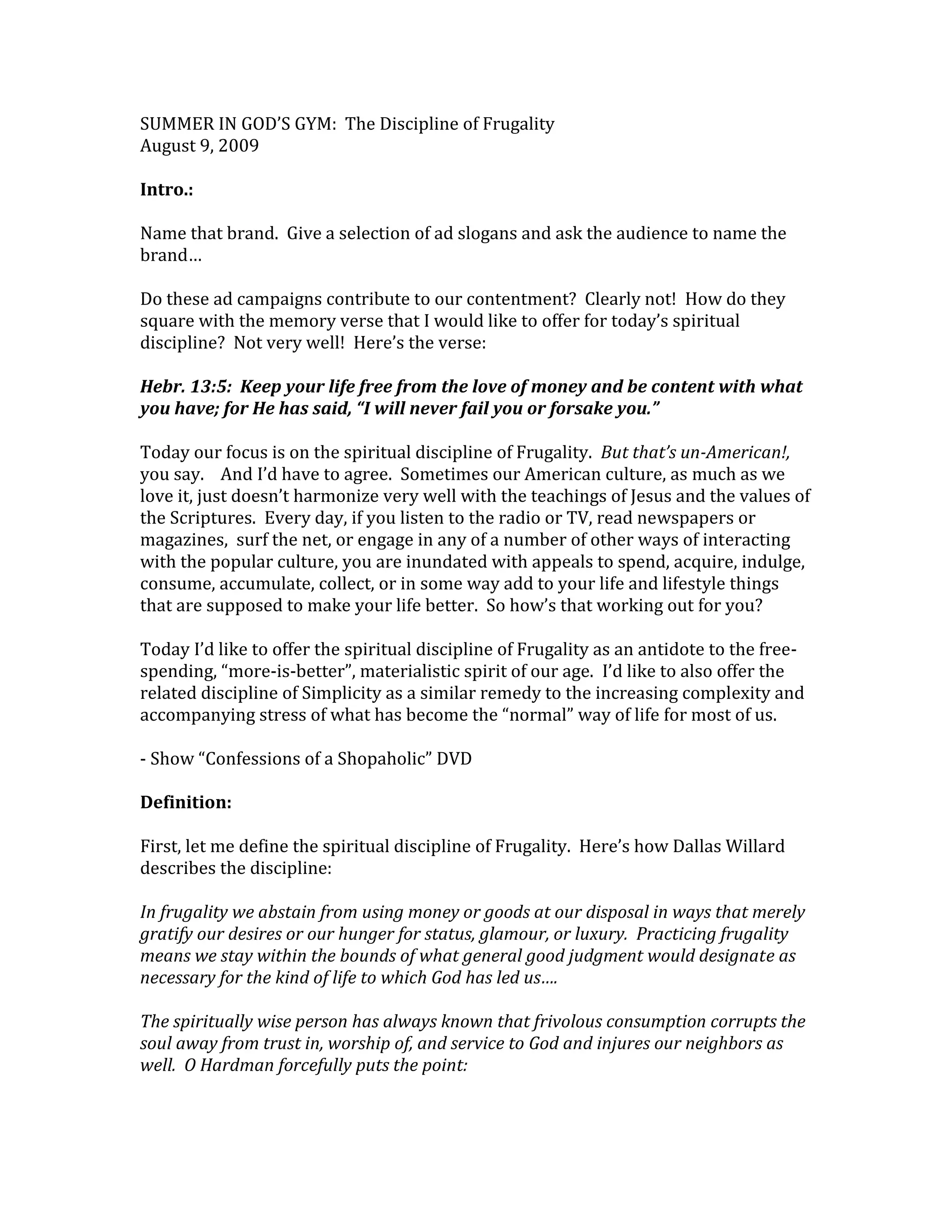 Discipline of Frugality and Simplicity Notes | DOCX