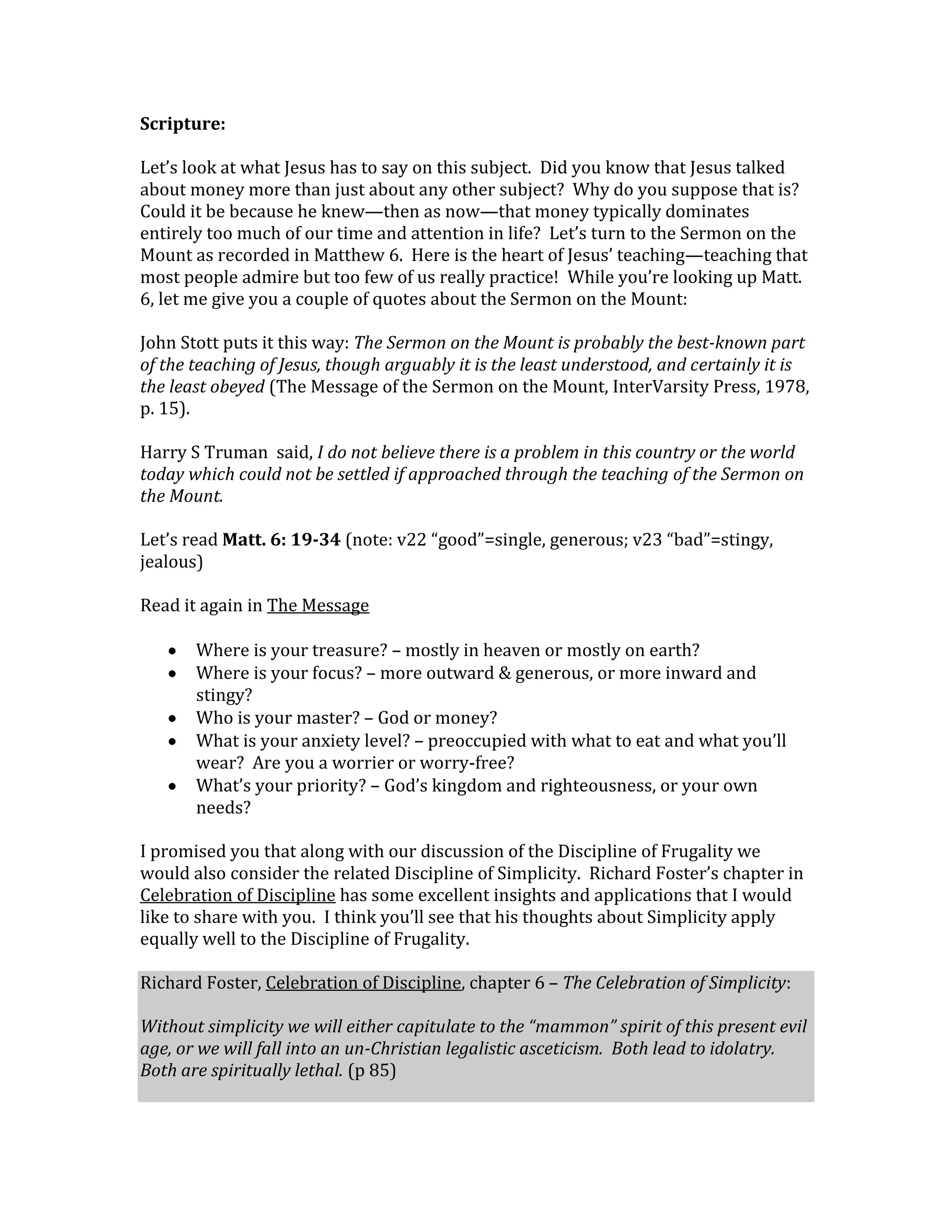 Discipline of Frugality and Simplicity Notes | DOCX