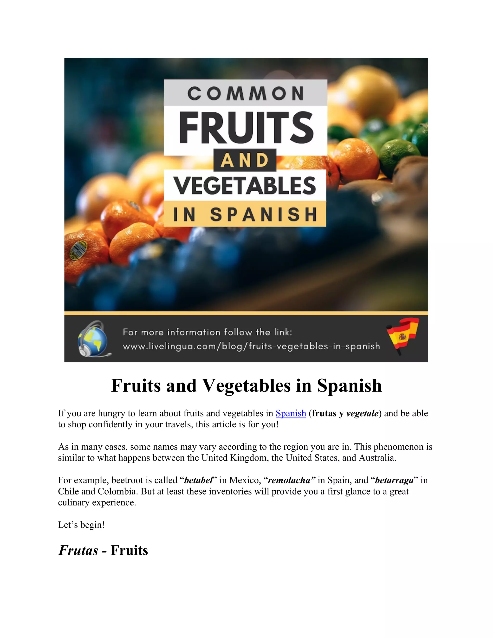 Fruits and Vegetables in Spanish | PDF