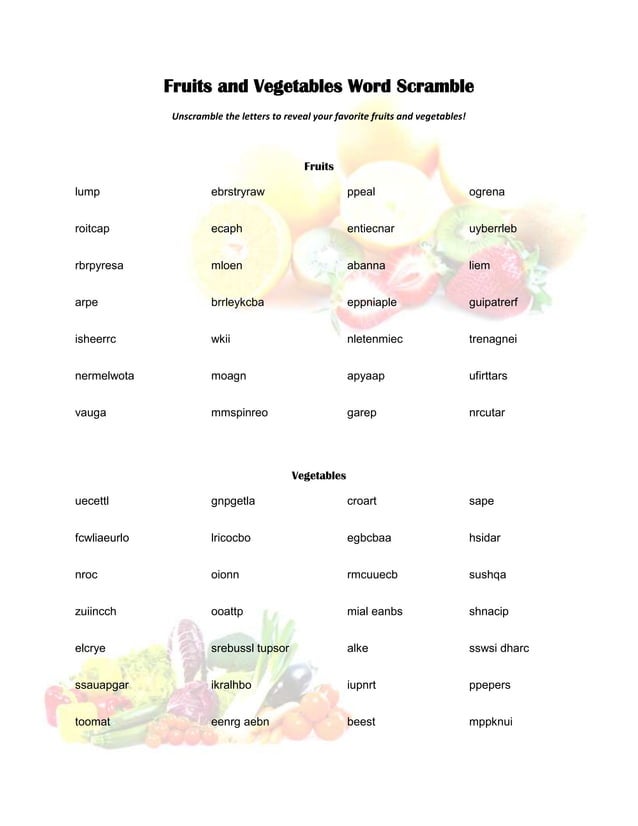 Fruits And Vegetables Word Scramble | DOCX