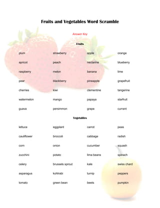 Fruits And Vegetables Word Scramble | DOCX