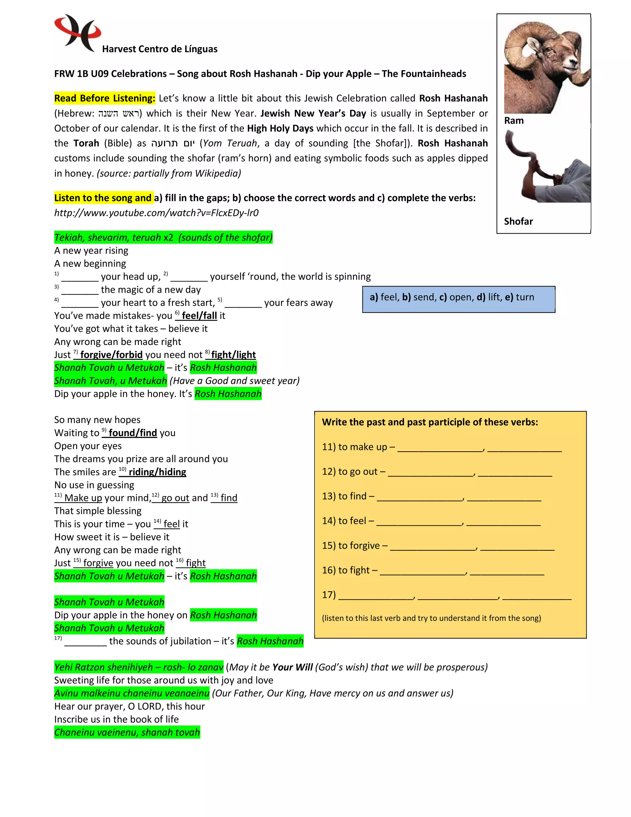 ESL - English Rosh Hashanah Song | PDF