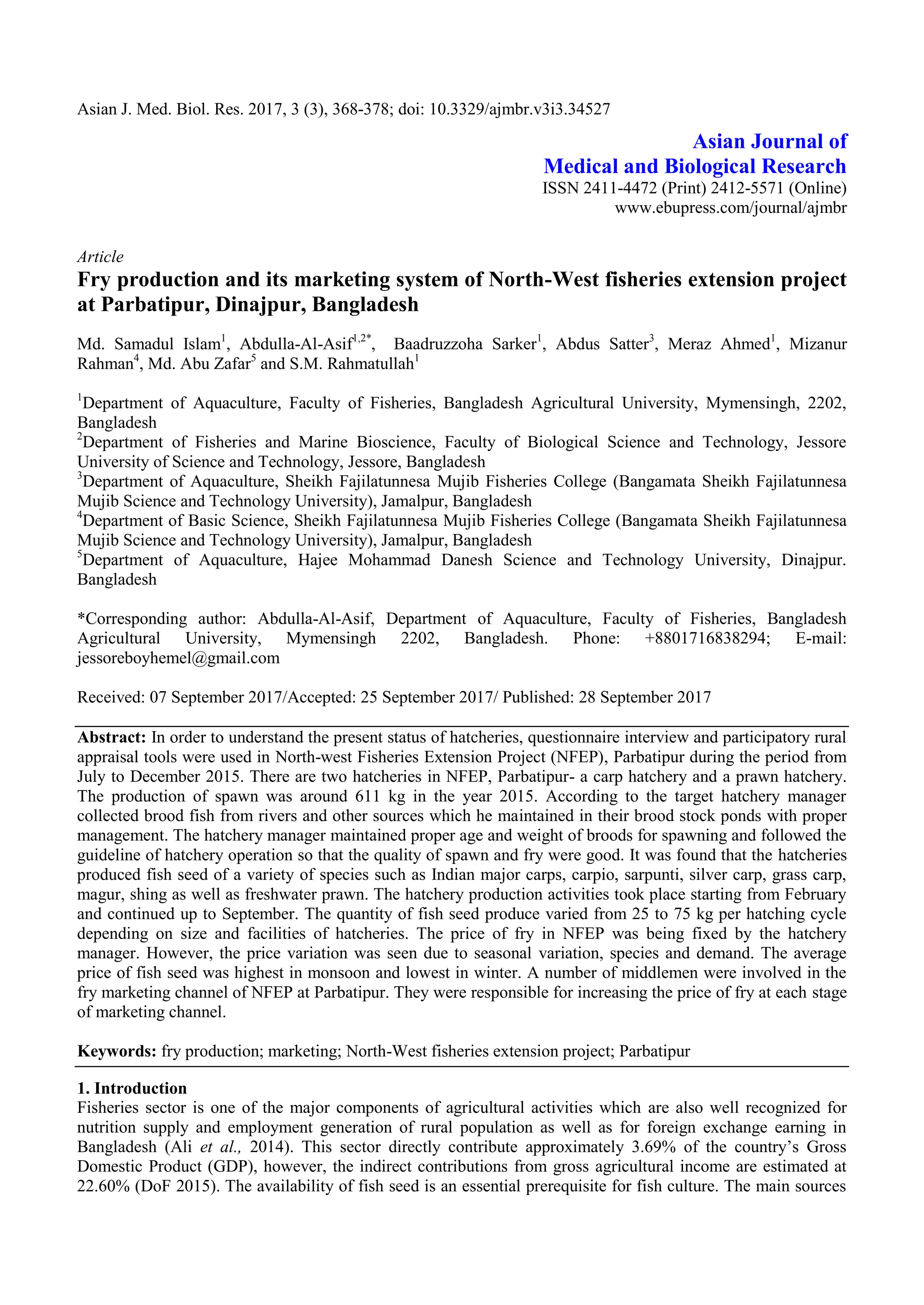 Fry production and its marketing system of North-West fisheries ...