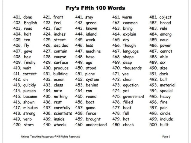 Fry's List of 1,000 Instant Words | PPTX
