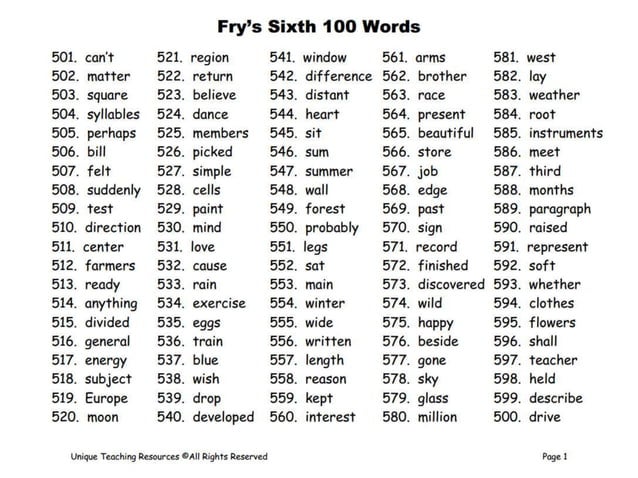 Fry's List of 1,000 Instant Words | PPTX