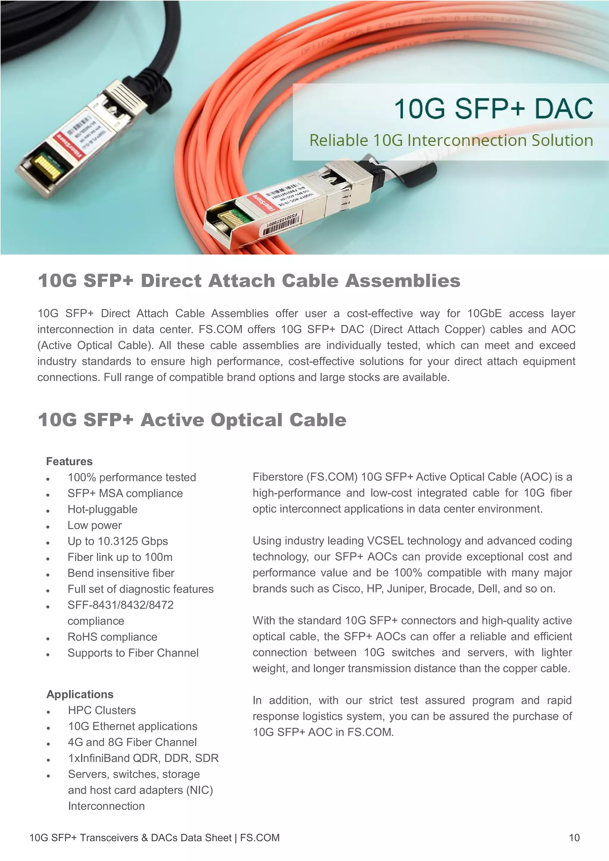 10G SFP+ Fiber Optic Transceivers and SFP+ DAC Data Sheet | PDF