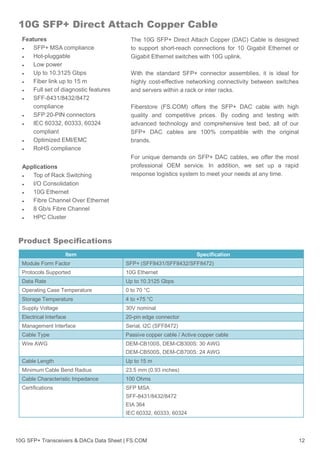10G SFP+ Fiber Optic Transceivers and SFP+ DAC Data Sheet | PDF