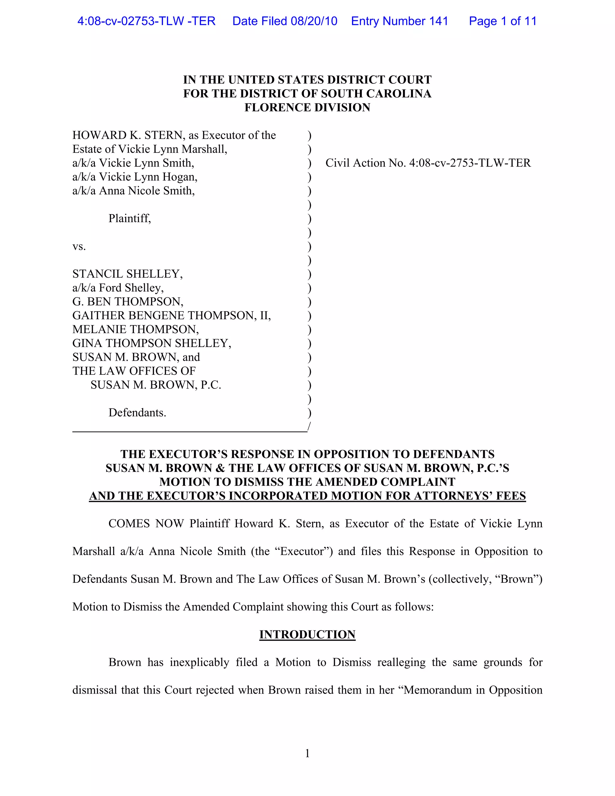Stern Response to motion to dismiss 8-20-10 | PDF