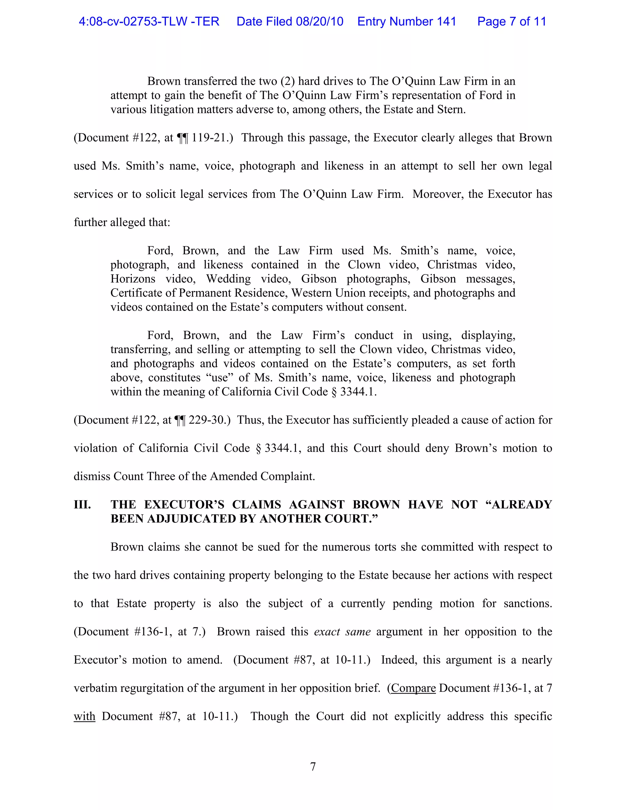 Stern Response to motion to dismiss 8-20-10 | PDF