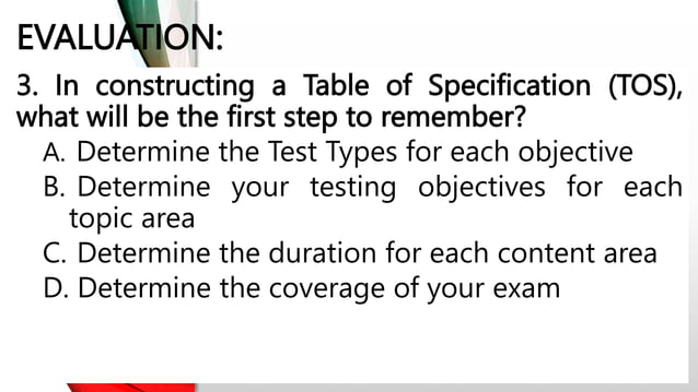 FS1 Demo Topic: Table of Specification (TOS).pptx | Standardized ...