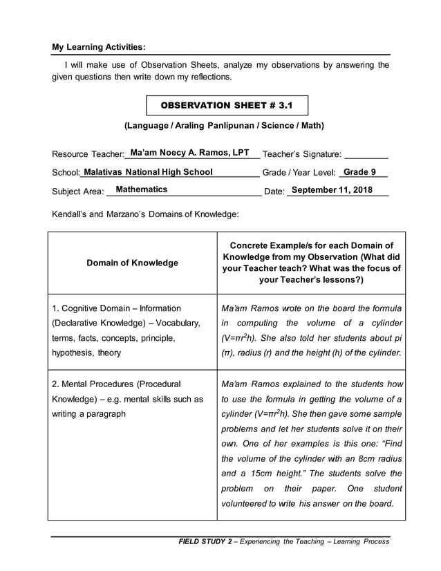 Field Study 2 (FS 2) - Episode 3 [2018] | DOCX | Educational Assessment ...