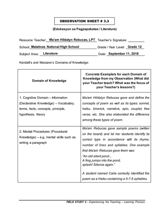 Field Study 2 (FS 2) - Episode 3 [2018] | DOCX | Educational Assessment ...
