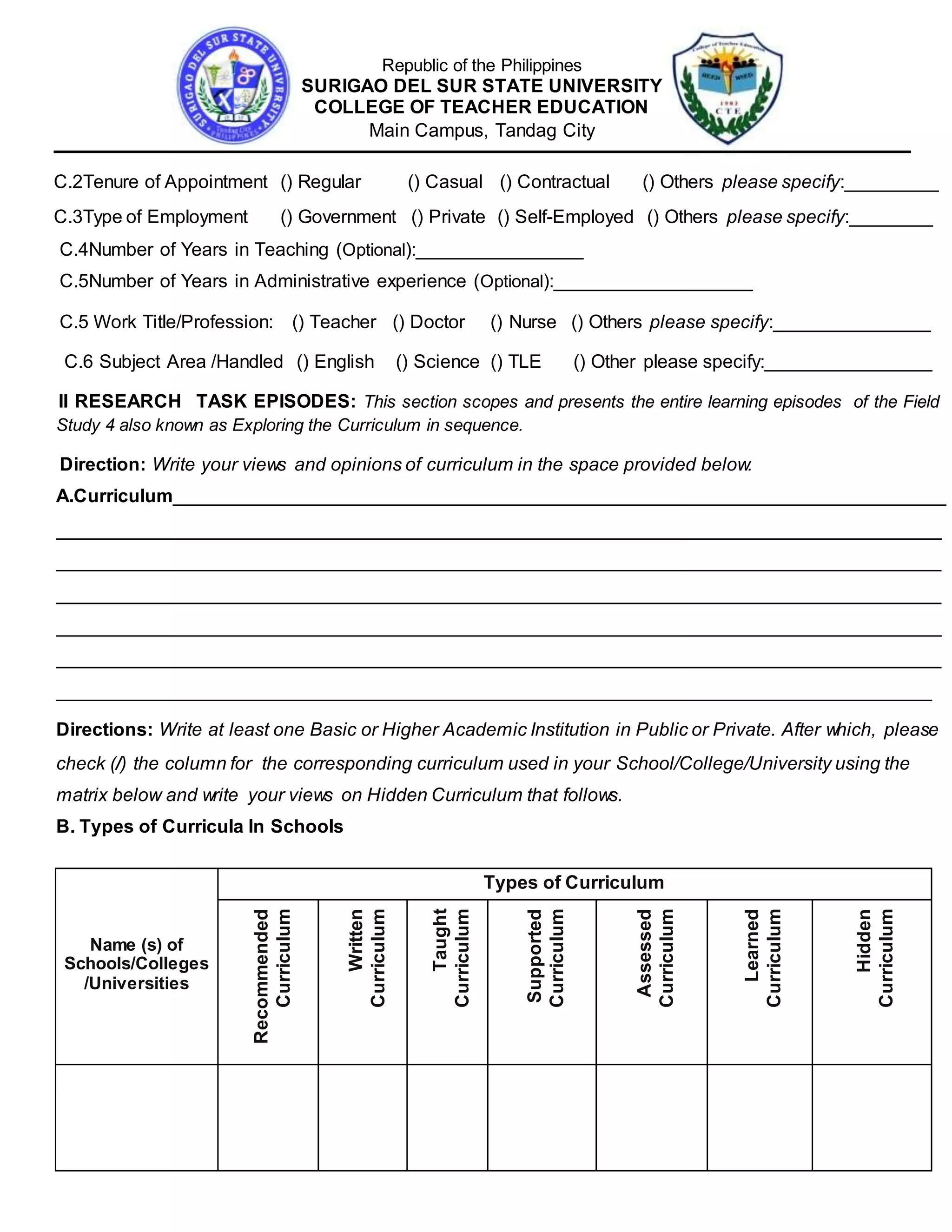 FS 4 Questionnaire | DOCX | Professional School | Postgraduate Education