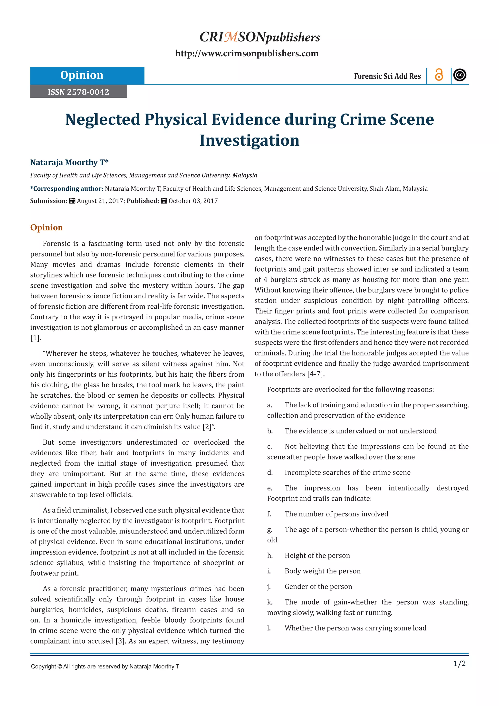 Crimson Publishers: Neglected Physical Evidence during Crime Scene ...