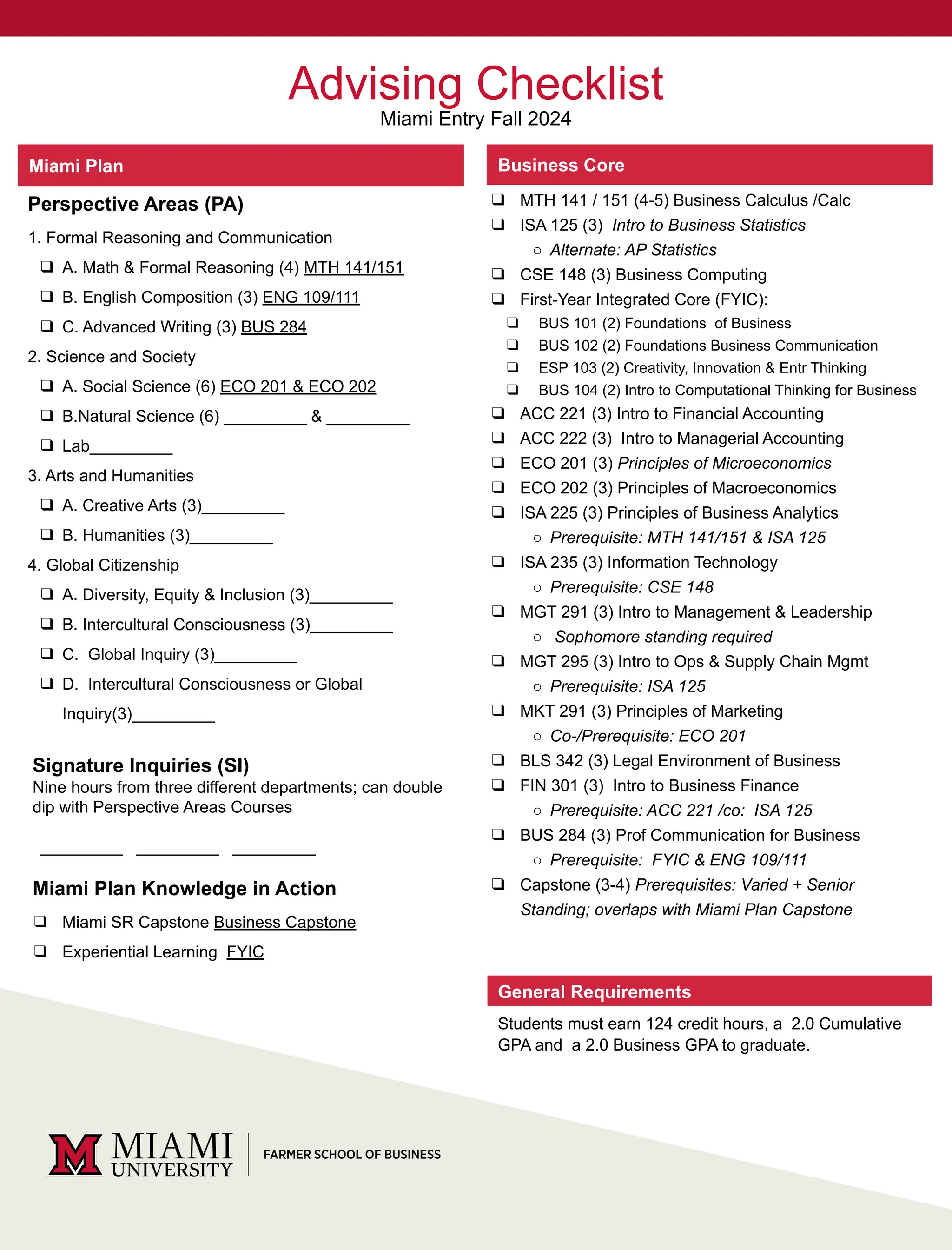 FSB Advising Checklist - Orientation 2024 | PDF