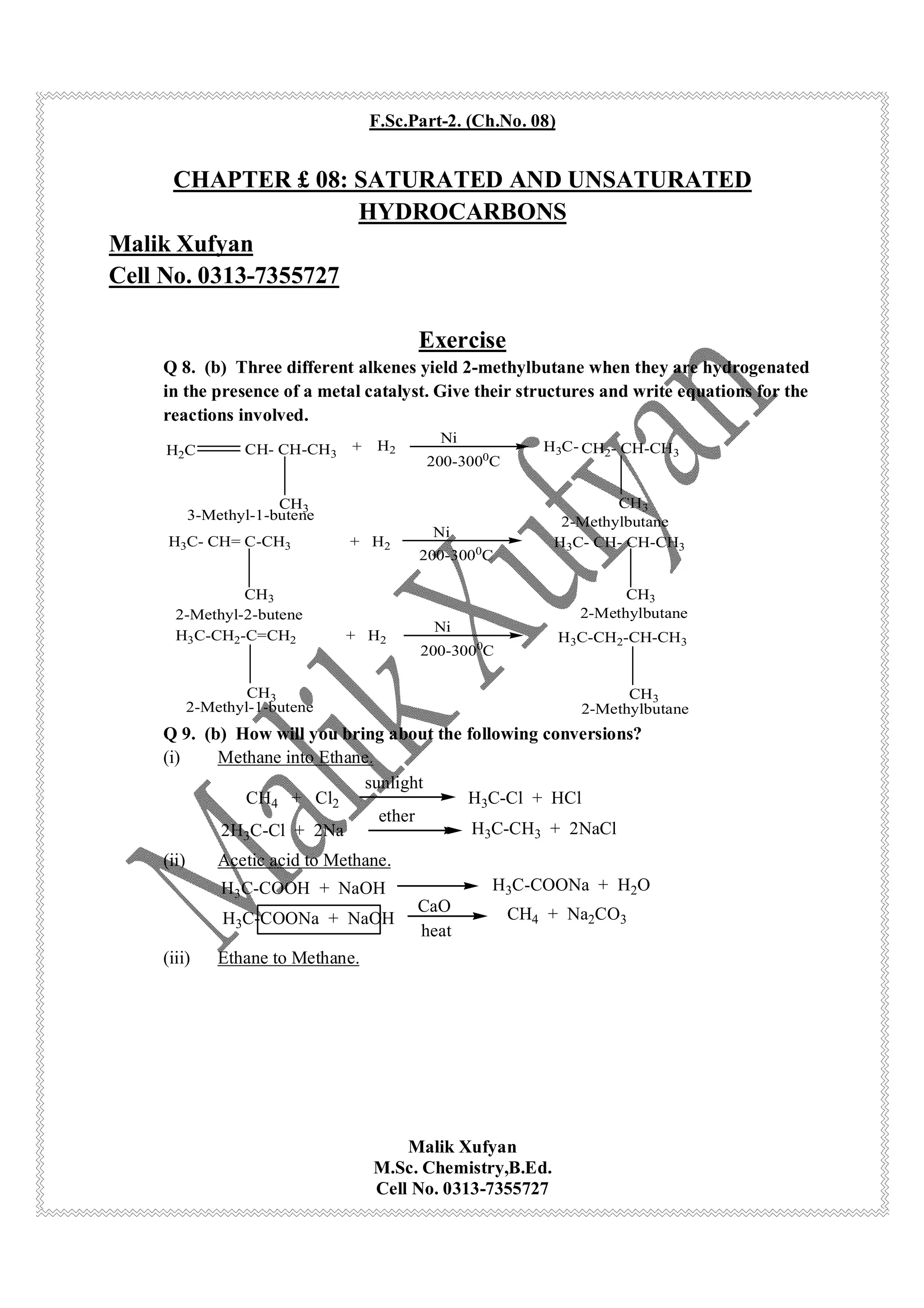 Saturated and Unsaturated Hydrocarbons (F.Sc. Part 2. Ch.08 Exercise ...