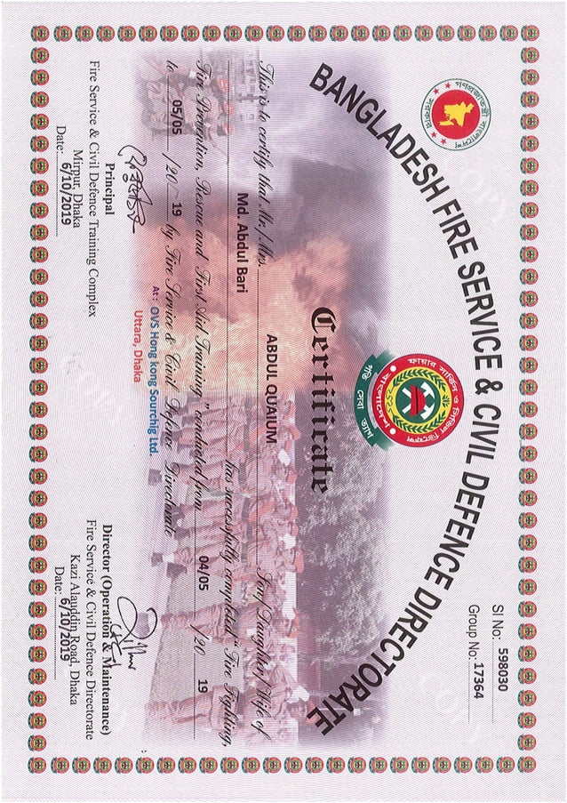 FSCD certificate for fire prevention, rescue & first aid