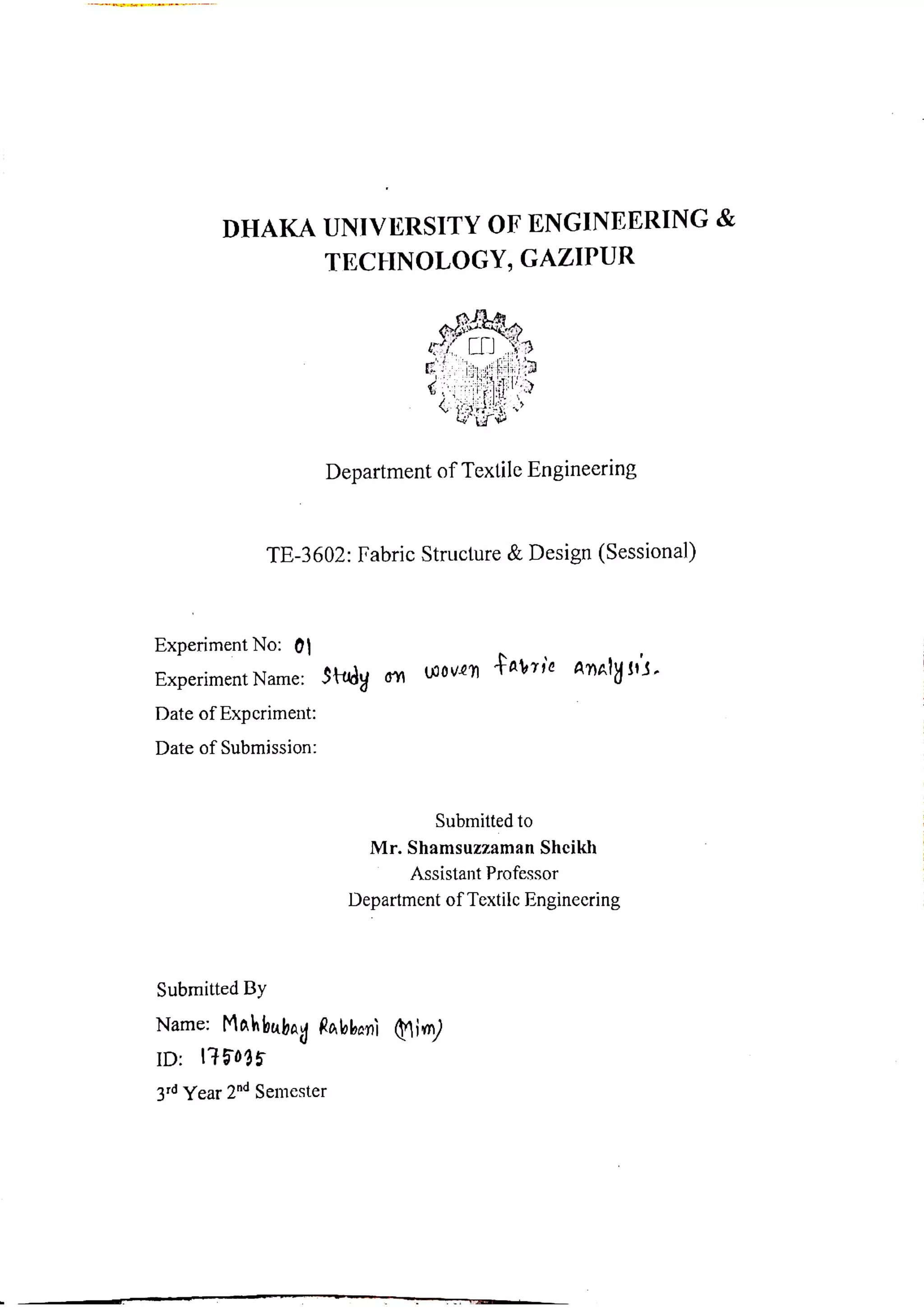 Fsd lab 01 study on woven fabric analysis | PDF