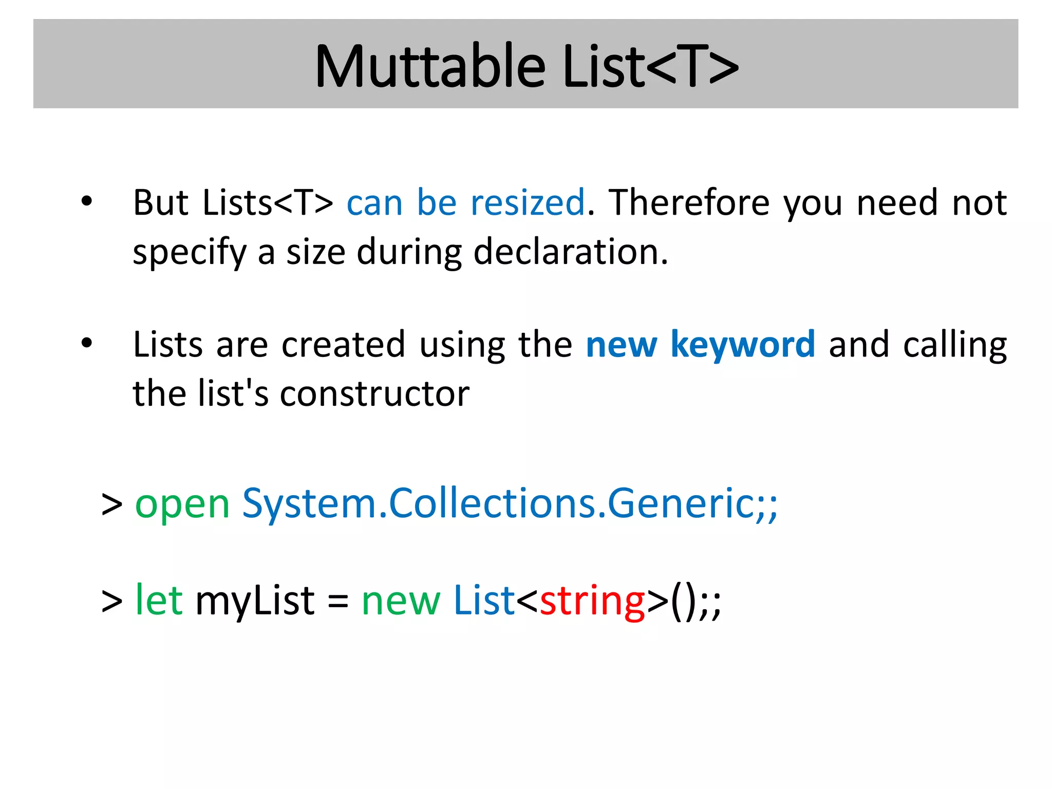 F sharp lists & dictionary | PPT