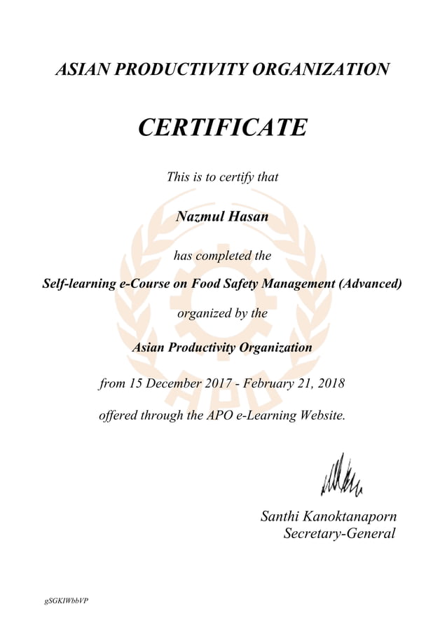 Self-learning e-Course on Food Safety Management (Advanced) | PDF