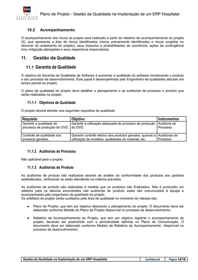 Plano de Projetos - FSM Gestão Qualidade | PDF