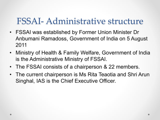 FOOD SAFETY STANDARDS AUTHORITY OF INDIA (FSSAI) | PPTX | Food Industry ...