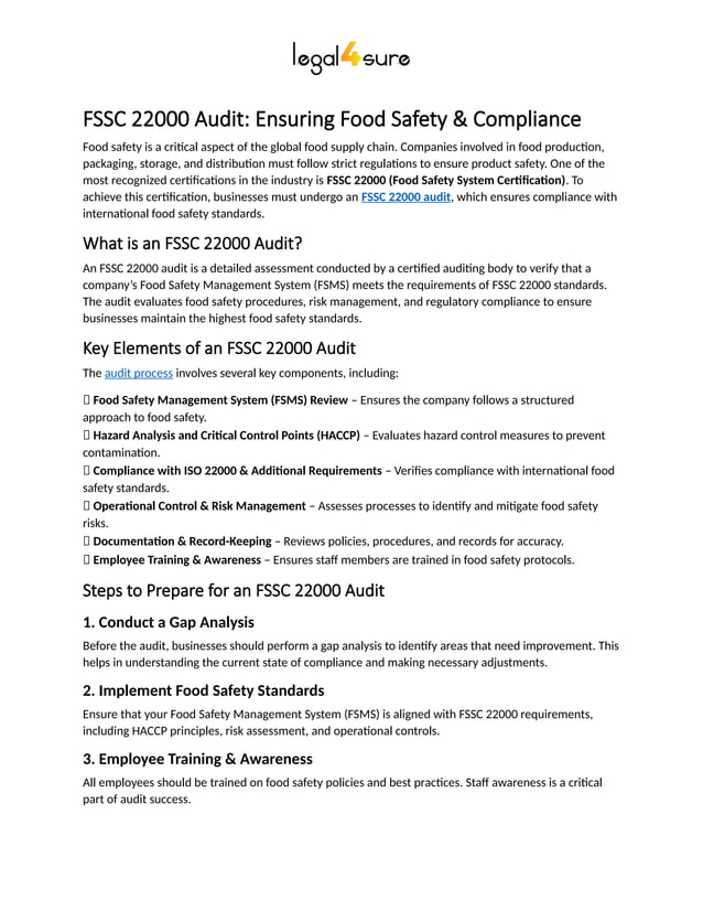 FSSC 22000 Audit – Ensure Food Safety & Compliance | Legal4sure | PDF