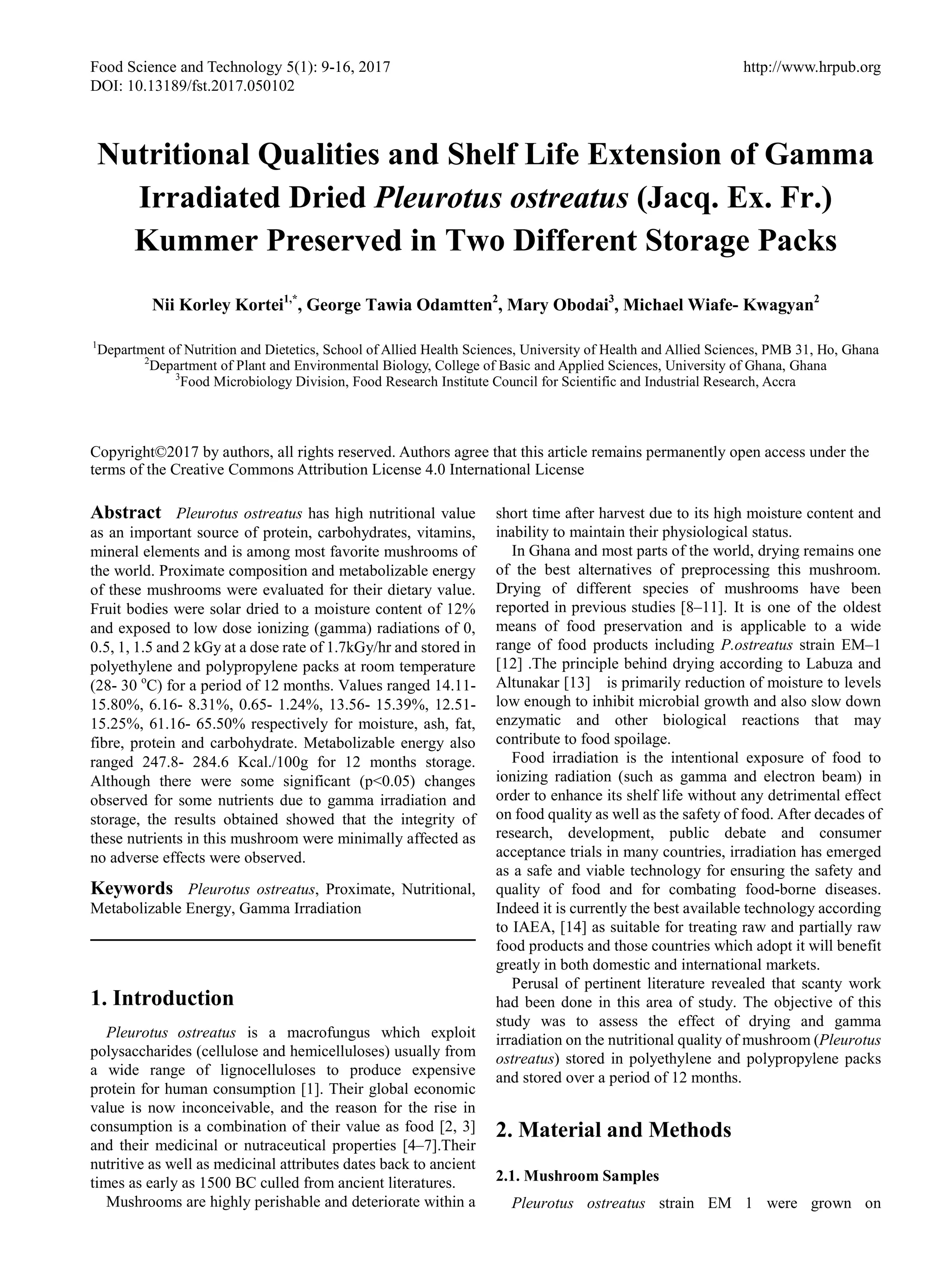 Nutritional Qualities and Shelf Life Extension of Gamma Irradiated ...