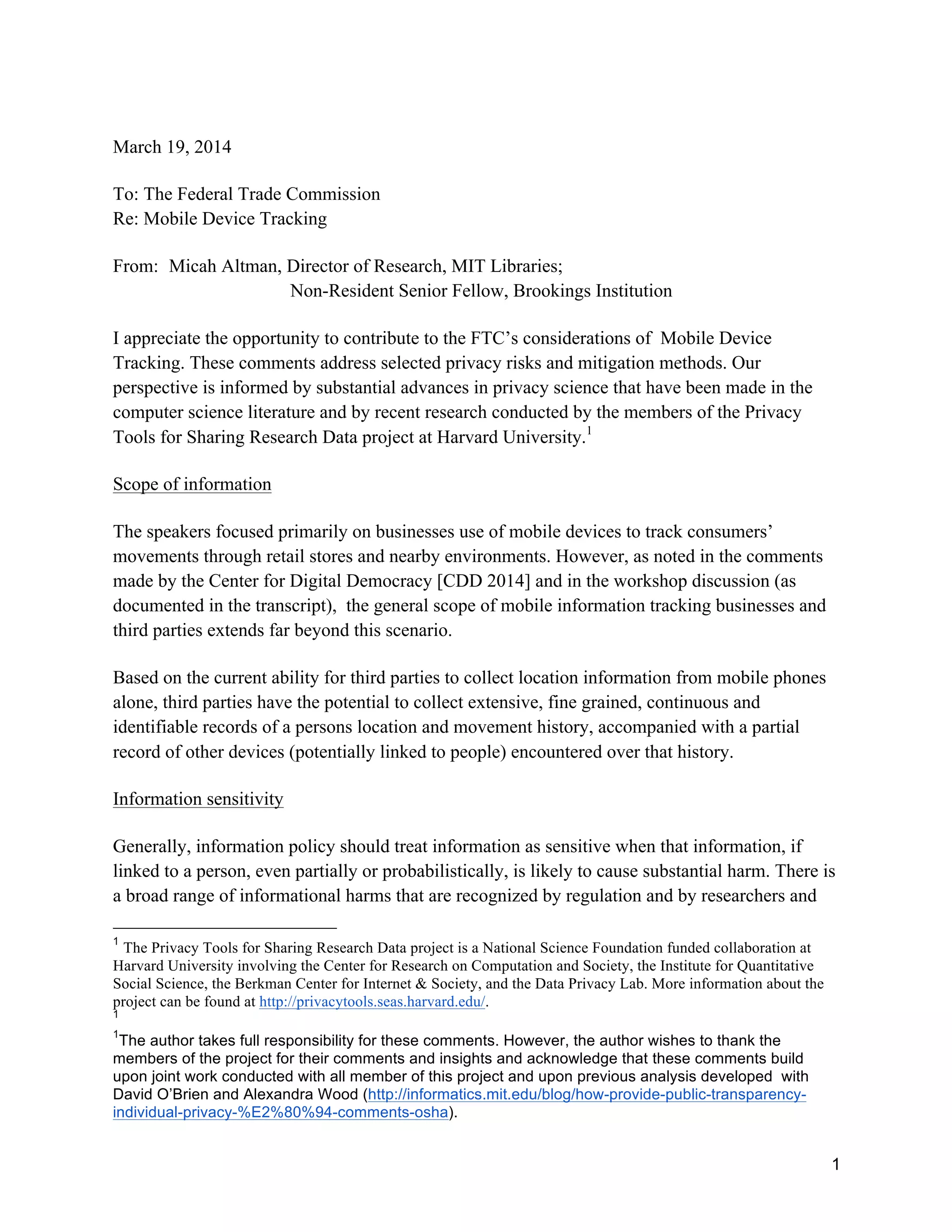 Comments to FTC on Mobile Data Privacy | PDF