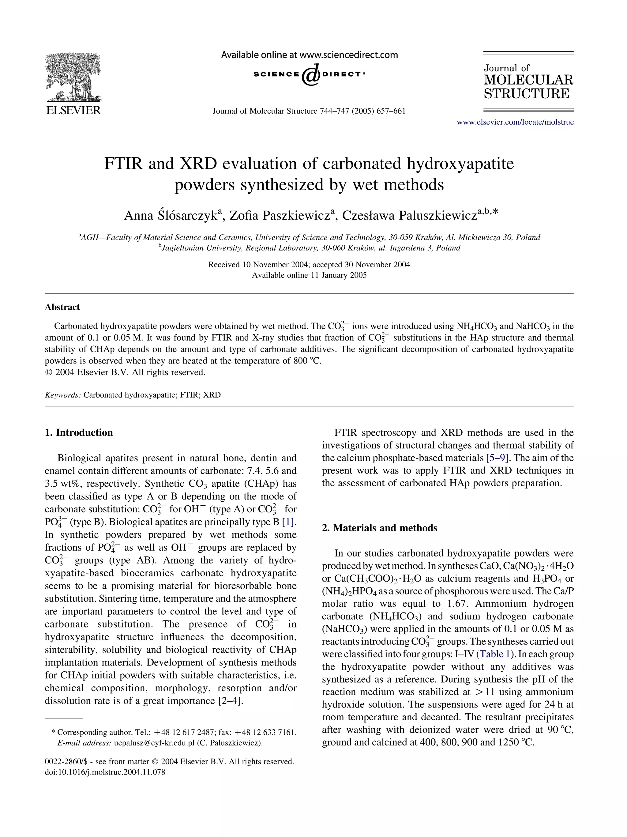 Ftir and xrd evaluation of carbonated hydroxyapatite powders ...