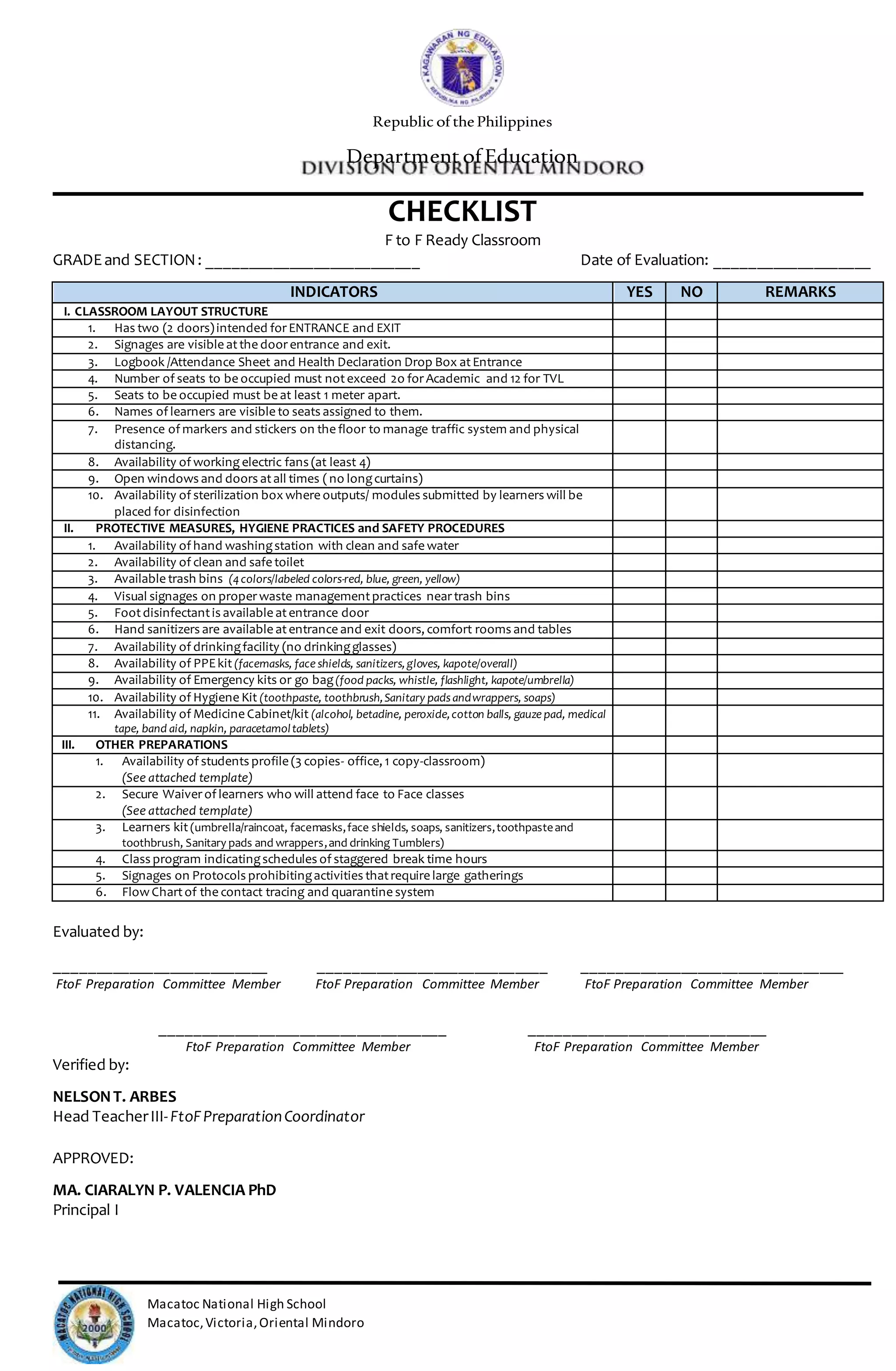 FtoF Classroom checklist.docx | Infectious Diseases | Diseases and Conditions