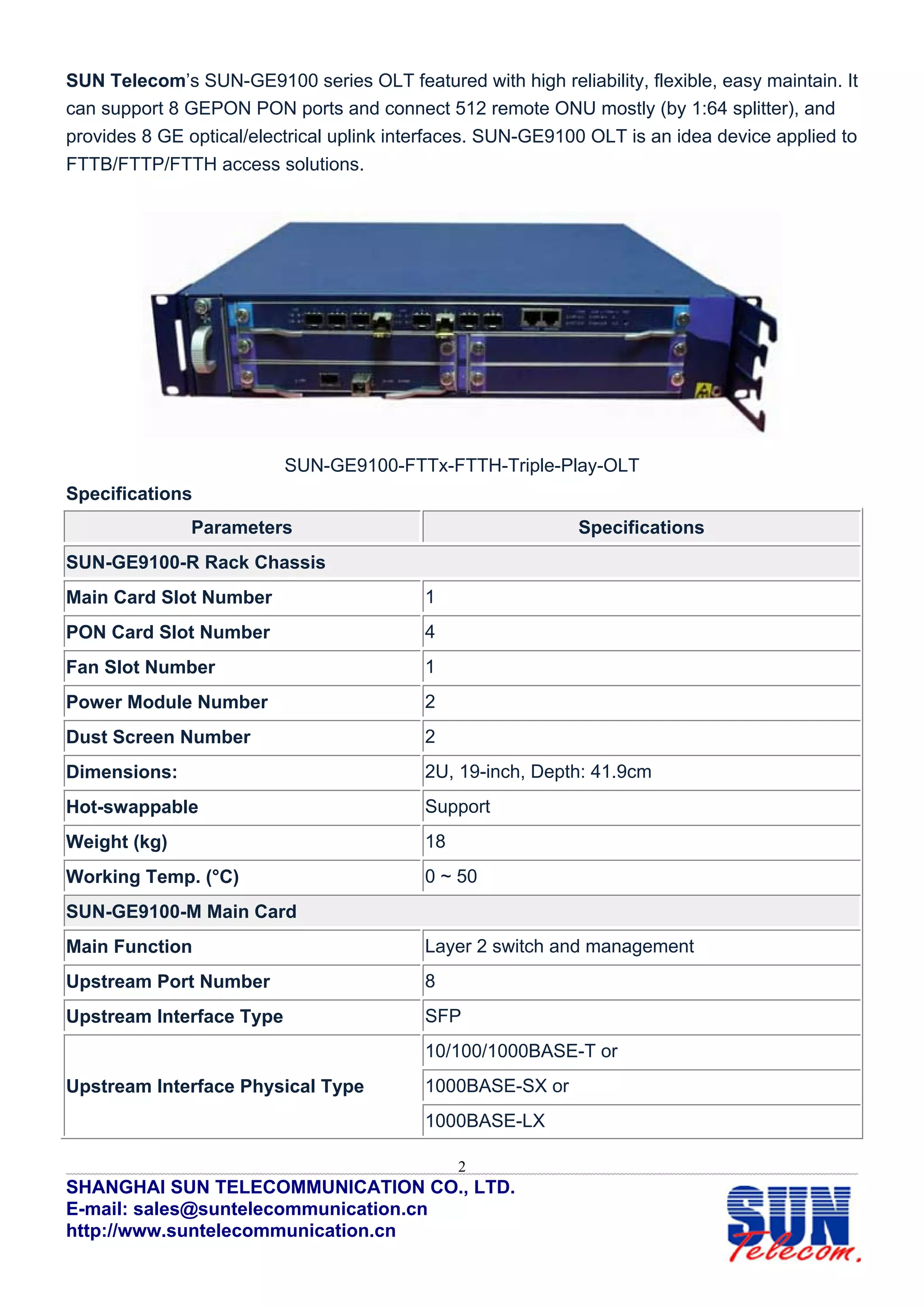FTTX FTTH Triple Play Solution Sun-GE9100 | PDF