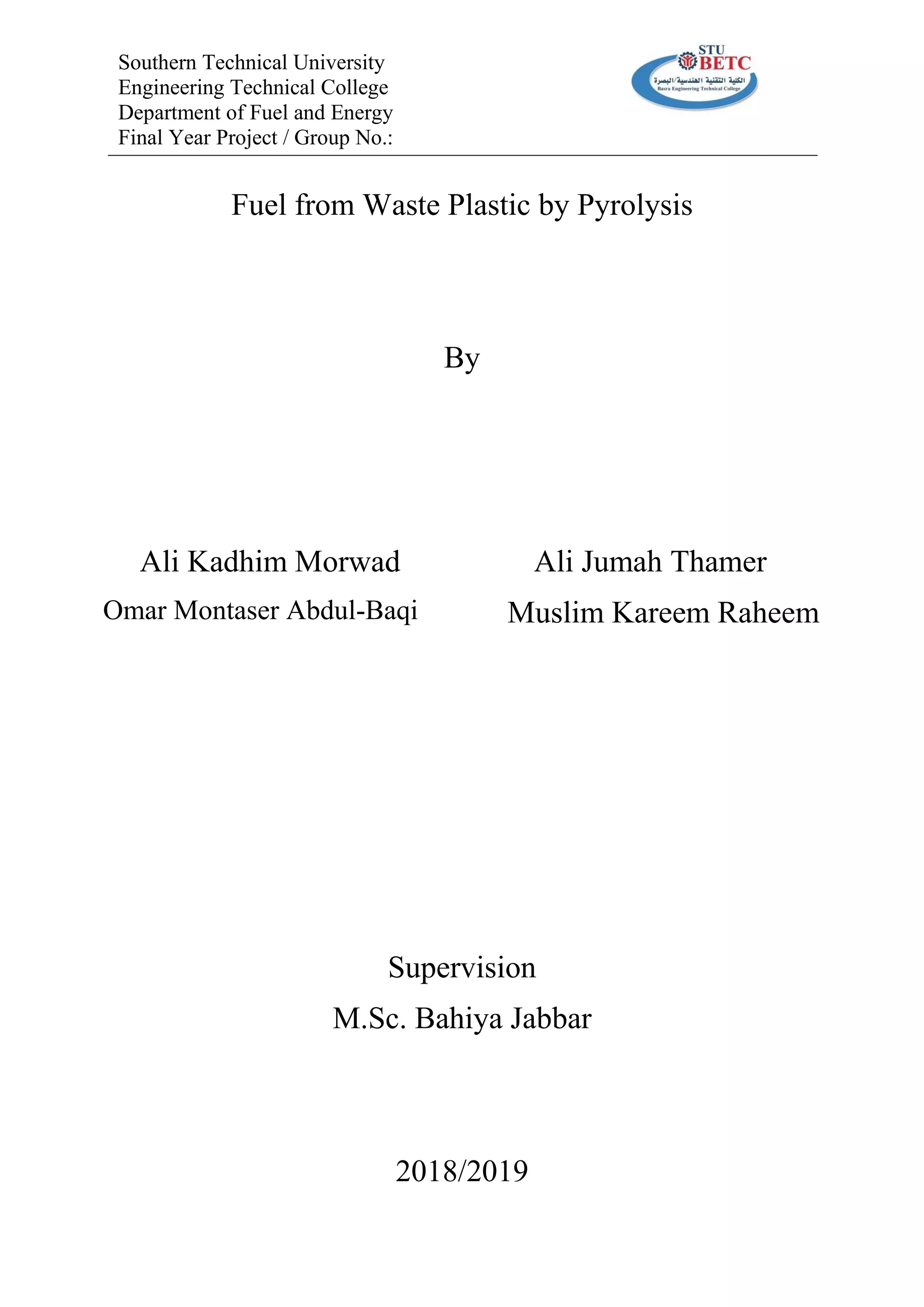 Fuel from waste plastic by pyrolysis | PDF