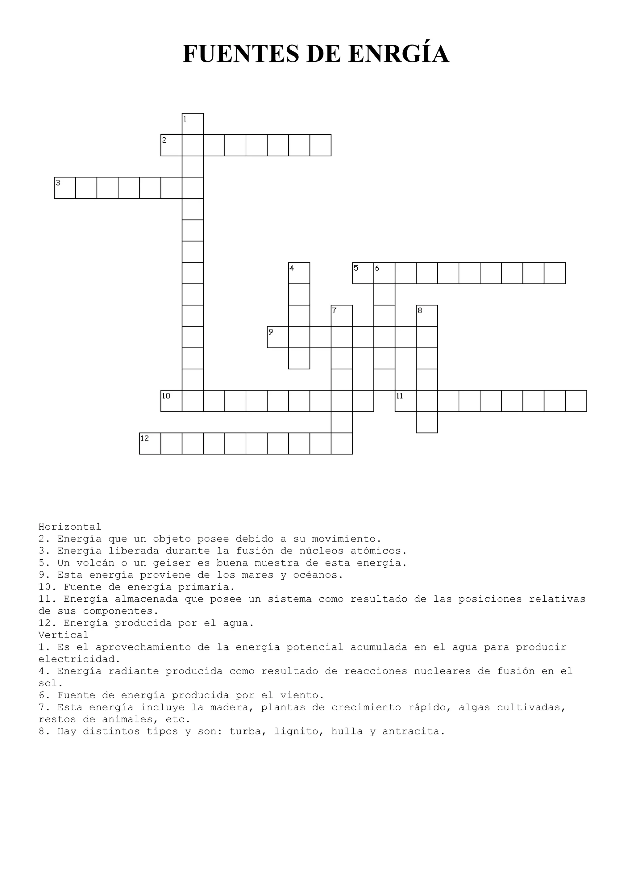 Fuentes de energía sopa de letras y crucigrama | DOCX | Physics | Science