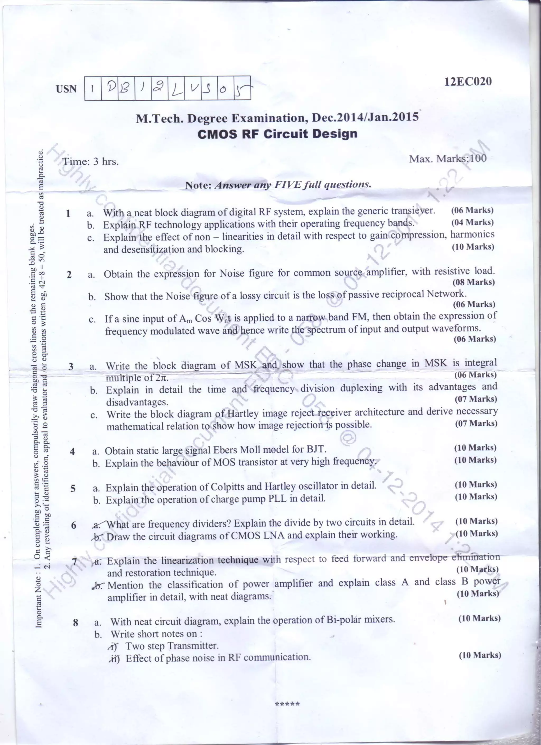 CMOS RF VLSI MTech 3rd sem VTU QUESTION PAPER 2014-15 | PDF