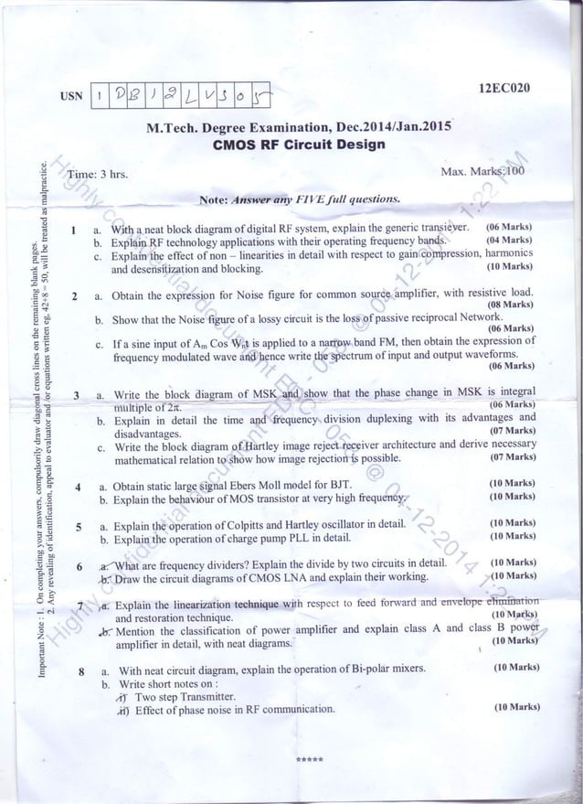CMOS RF VLSI MTech 3rd sem VTU QUESTION PAPER 2014-15 | PDF