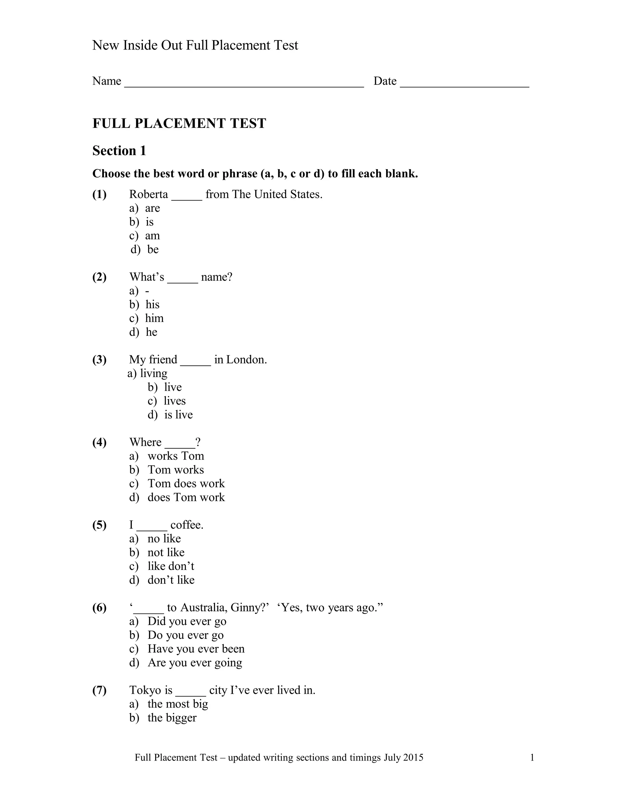 Full Placement Test Doc