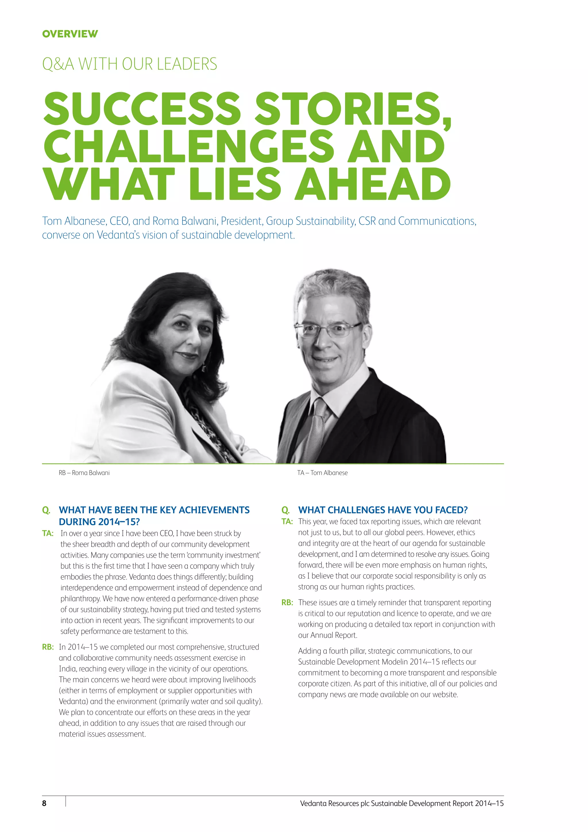 Vendanta Resources Sustainable Development Report 2014-15 | PDF