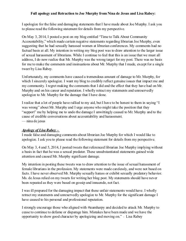Full apology and retraction to Joe Murphy librarian from settlement L…