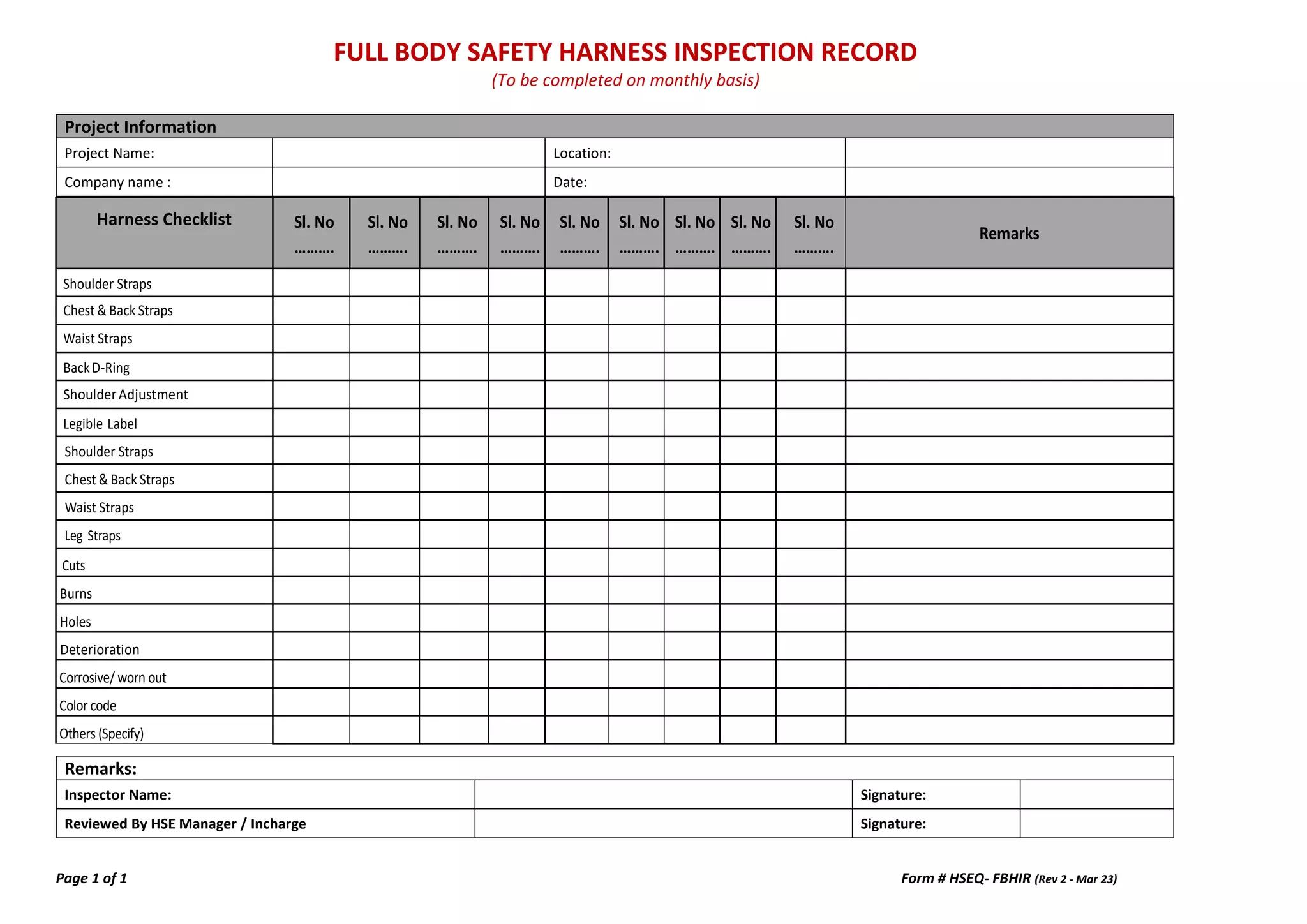 FULL BODY HARNESS INSPECTION RECORD Form # HSEQ - FBHIR Rev 2.docx