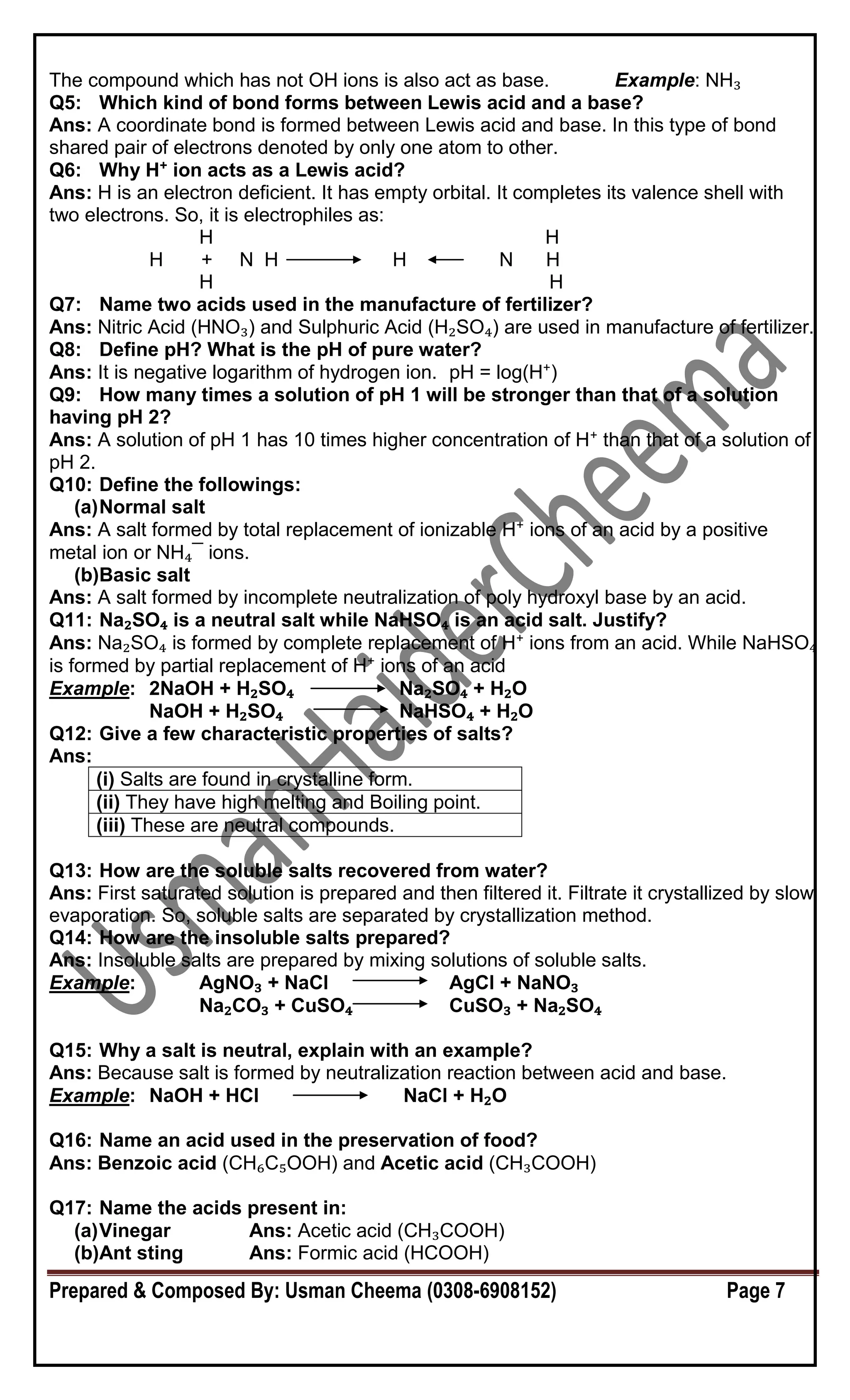 Chemistry Short Question Notes 9th Exercise full Book | PDF