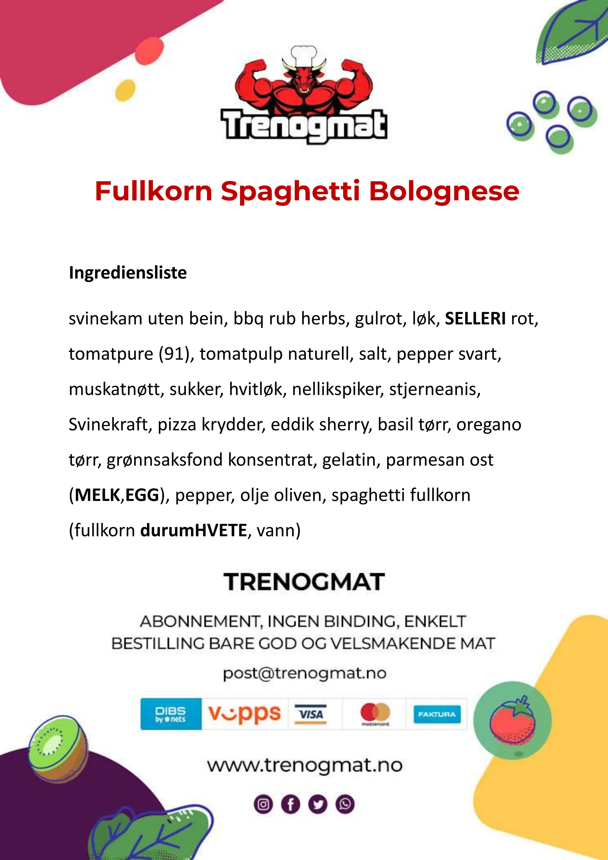 Fullkorn Spaghetti Bolognese - Bestill nå | PDF