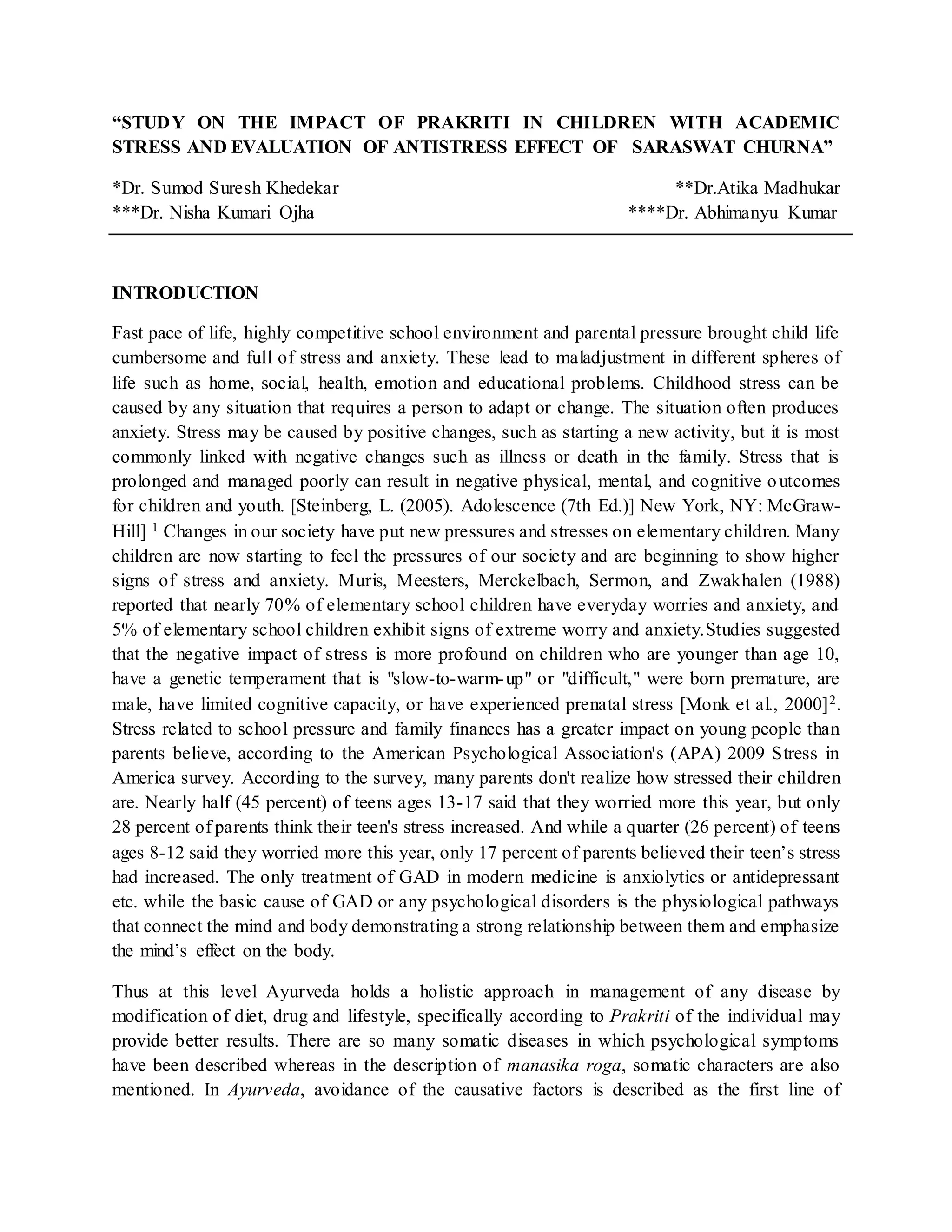 “STUDY ON THE IMPACT OF PRAKRITI IN CHILDREN WITH ACADEMIC STRESS AND ...