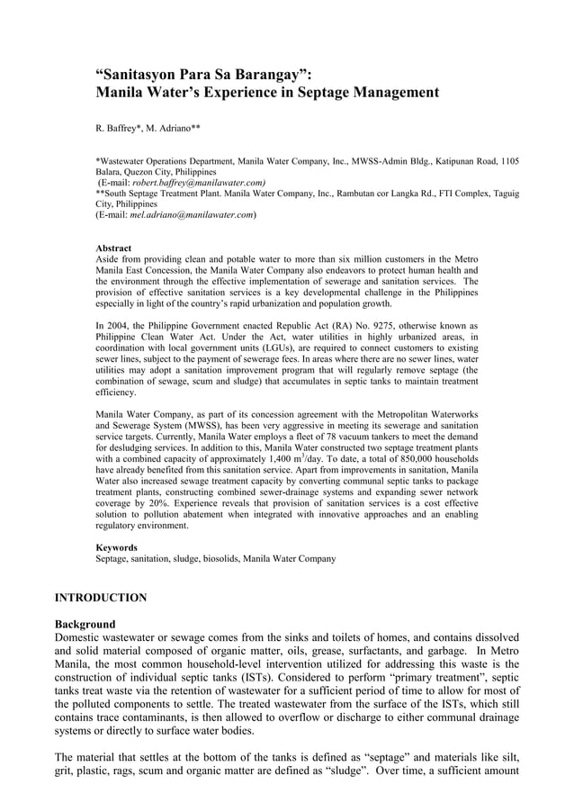 “Sanitasyon Para Sa Barangay”: Manila Water’s Experience in Septage ...