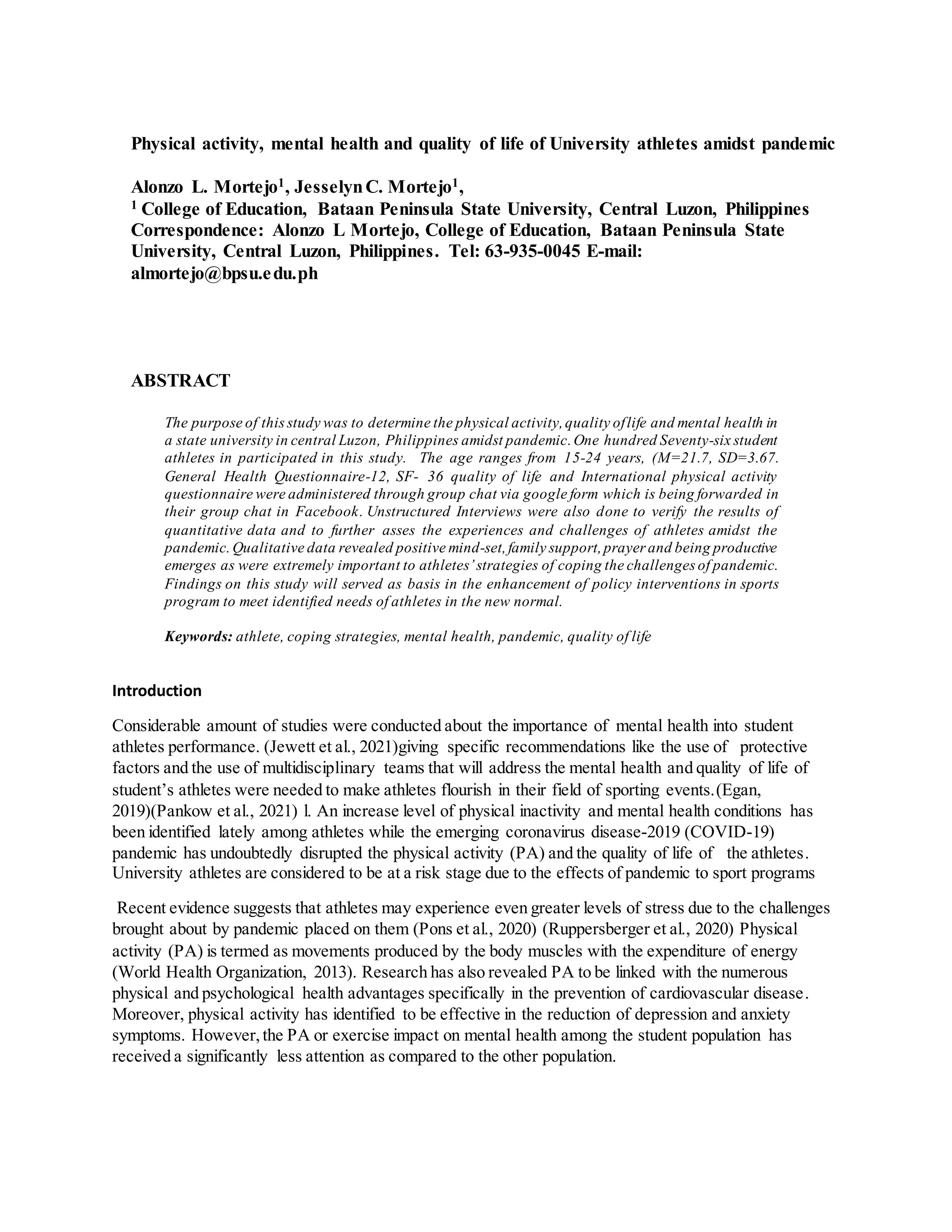 Full paper physical actvity ,mental health and quality of life of ...