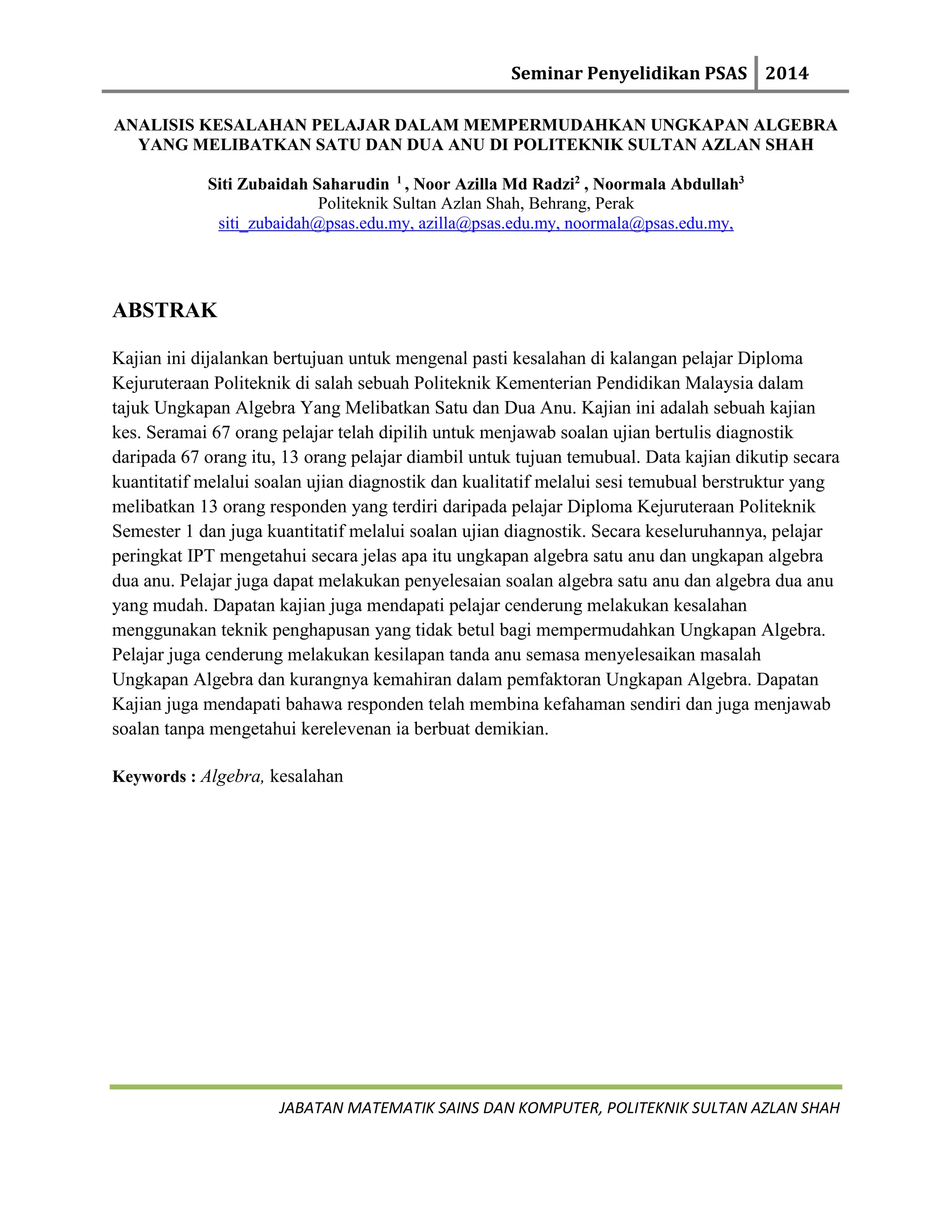 ANALISIS KESALAHAN PELAJAR DALAM MEMPERMUDAHKAN UNGKAPAN ALGEBRA YANG MELIBATKAN SATU DAN DUA ...