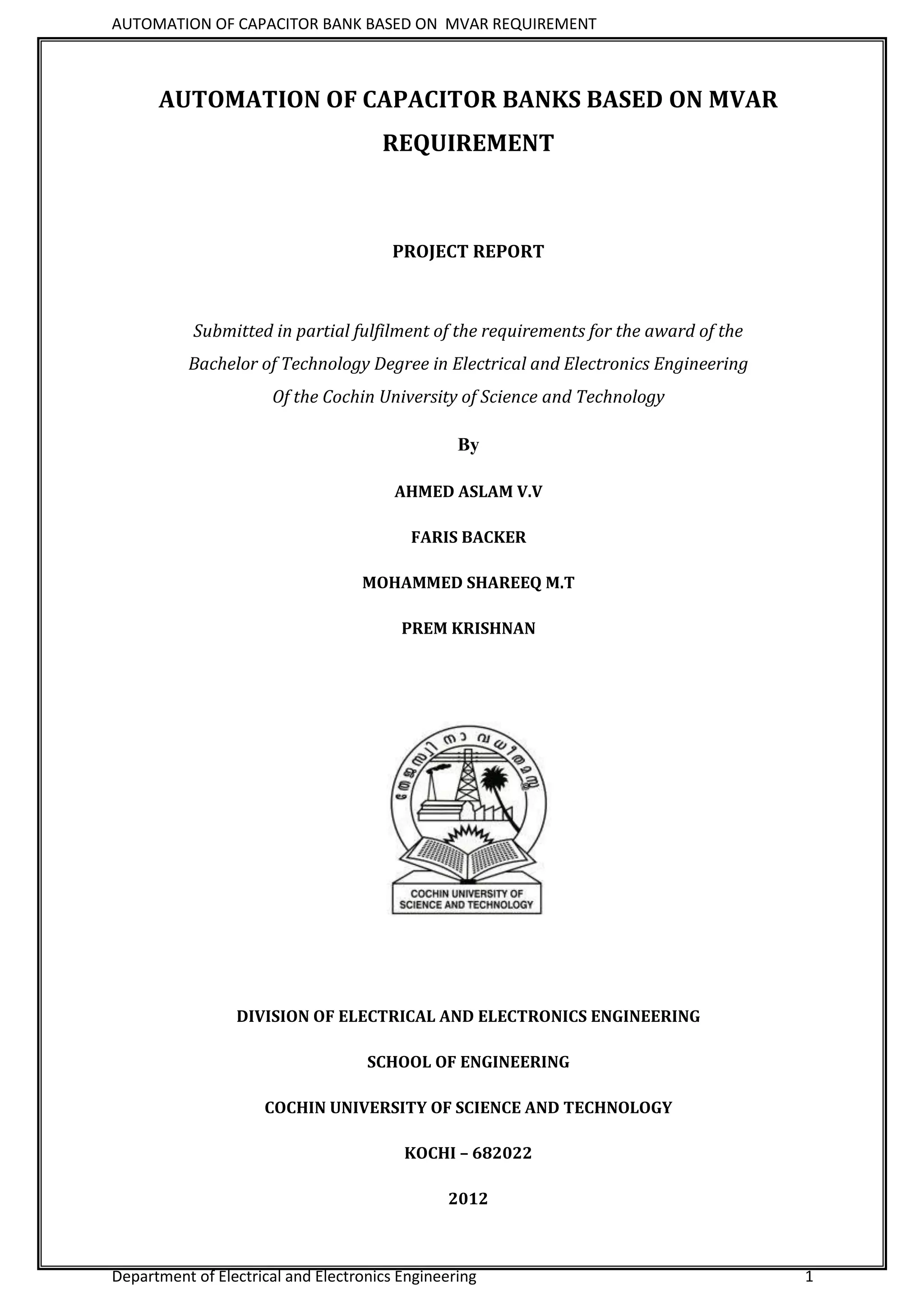Automation of capacitor banks based on MVAR Requirement | DOCX